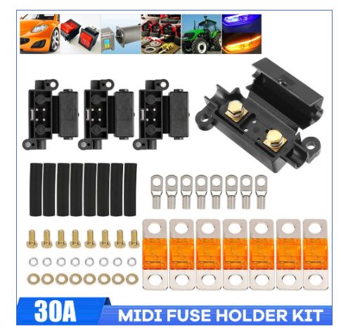 30A Midi Fuse Holder Kit 4 ANS 7 x 30 AMP Fuses to suit BCDC Dual Batt ...